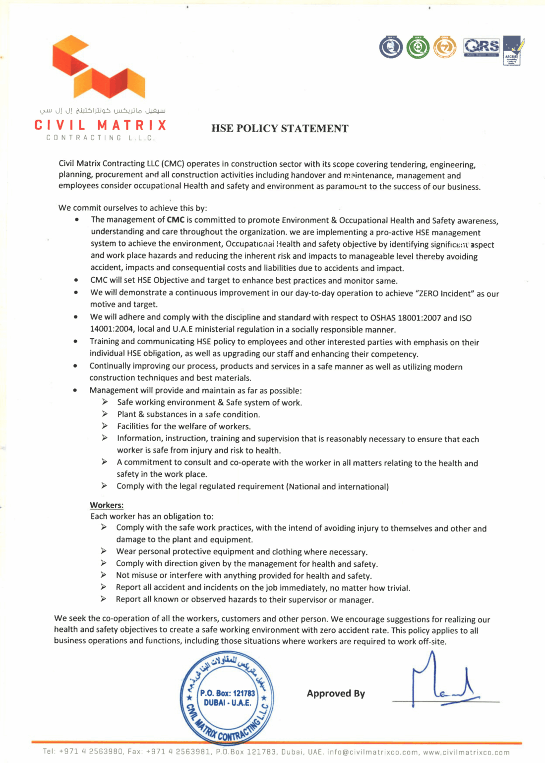 QHSE Standards and Policies | Civil Matrix UAE